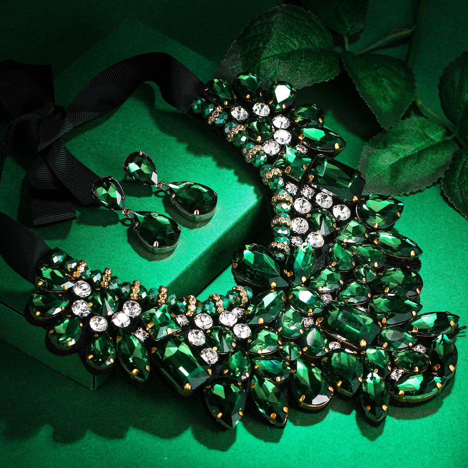 Flyonce Costume Jewelry for Women, Rhinestone Crystal Statement Necklace Earrings Set Emerald Color