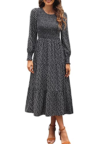 Zattcas Long Sleeve Fall Dress for Women Modest Puff Sleeve Floral Midi Dress Black XL
