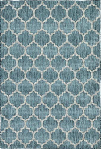 Unique Loom Outdoor Trellis Collection Area Rug (6' 1" x 9' Rectangle, Teal/ Gray)