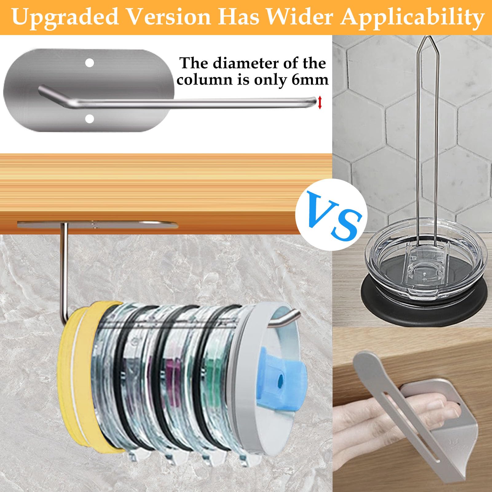 WSYLEN 2 Pack Tumbler Lid Organizer, Cup Lid Organizers Inside Cabinet for Yeti Tumbler/Stanley Tumbler Lids, Space Saving Cup Lid Holder and Hook for Kitchen Storage, Silver