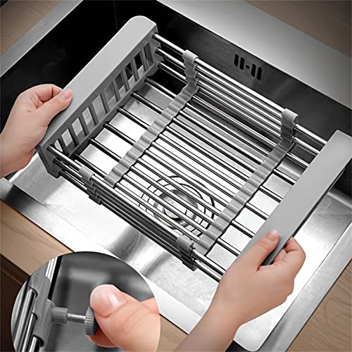 Stainless Steel Telescopic Drain Basket, Adjustable Dish Drying Rack Sink Strainer Drain Kitchen Basket for Dish Vegetable Fruit(8.66x11.41x3.14in)