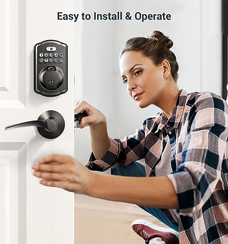 Veise Fingerprint Door Lock with 2 Lever Handles - Keyless Entry Door Lock, Electronic Keypad Deadbolt & Front Door Lock Handle Sets, Auto Lock & 1 Touch Locking, Easy Installation, Matte Black