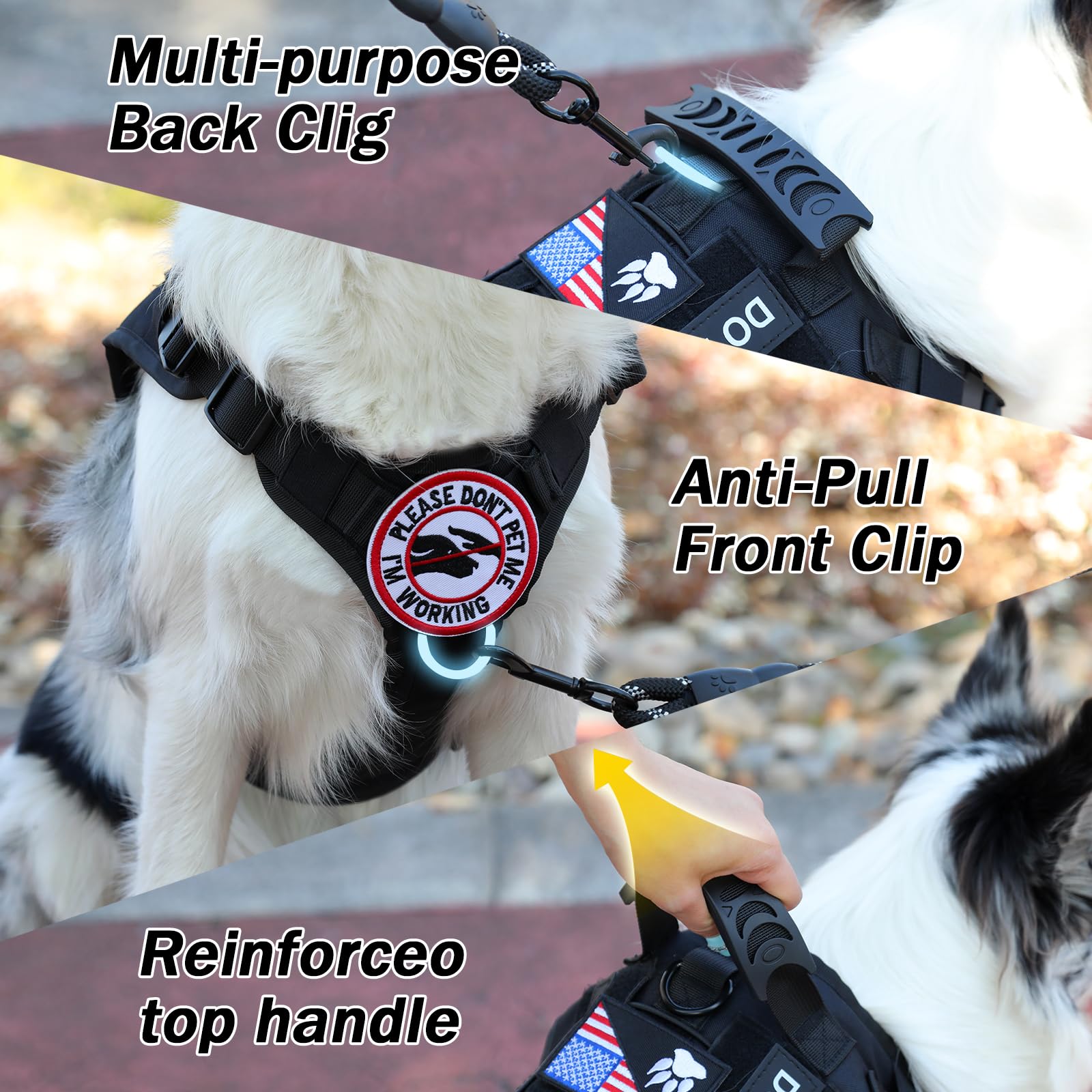 Yungaspy No Pull Tactical Dog Harness for Large Dogs, Escape Proof Molle Dog Vest Harness and Leash Set, Adjustable Military Service Dog Harness with Handle for Medium Large Dogs (Black, Medium)