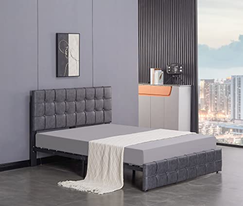 Oudiec Modern Upholstered Queen Size Bed Frame with Adjustable Headboard,Heavy Duty Button Tufted Bed Frame with Wood Slat Support for Dorm,Bedroom,Guest Room, Grey