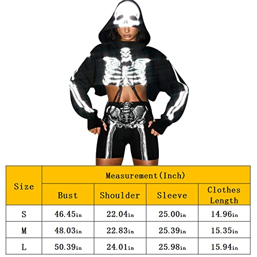 RARITYUS Women Gothic Reflective Skeleton Hoodie Crop Top Iron Chain Bandage Long Sleeve Pullover Sweatshirt for Rave Halloween Costume