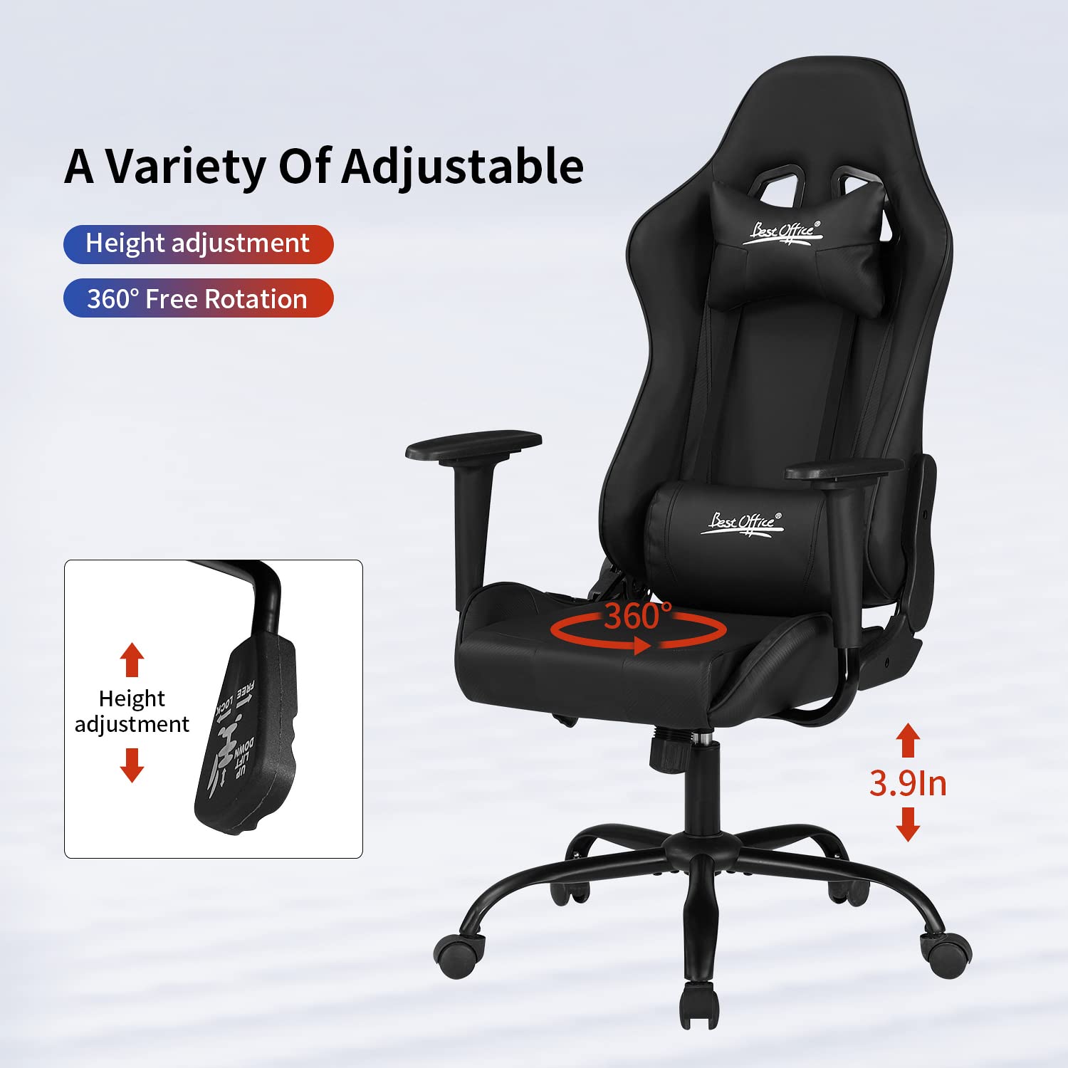 Gaming Chair Office Chair Desk Chair with Lumbar Support Headrest Armrest Task Rolling Swivel Ergonomic E-Sports Adjustable PC Gamer Chair Black