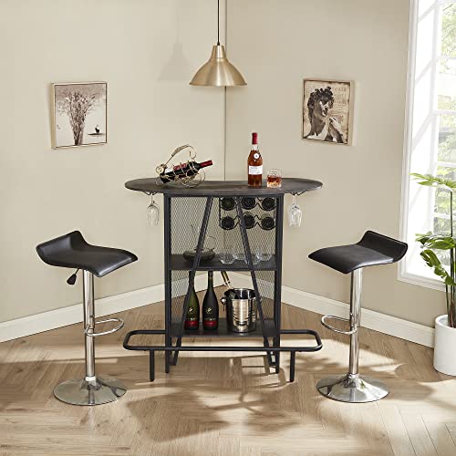 VECELO Bar Unit with Metal Mesh Front, 3-Tier Wine Rack Table with Glasses Holder, Home Liquor Cabinet with Storage and Footrest for Living Room, Kitchen, Cement Grey
