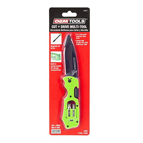 OEMTOOLS 25541 Cut and Drive Multi Tool, Drop Point Knife, Screwdriver, Bit Set, Ruler, and Bottle Opener, EDC, Contractor, HVAC Tool, Green and Black