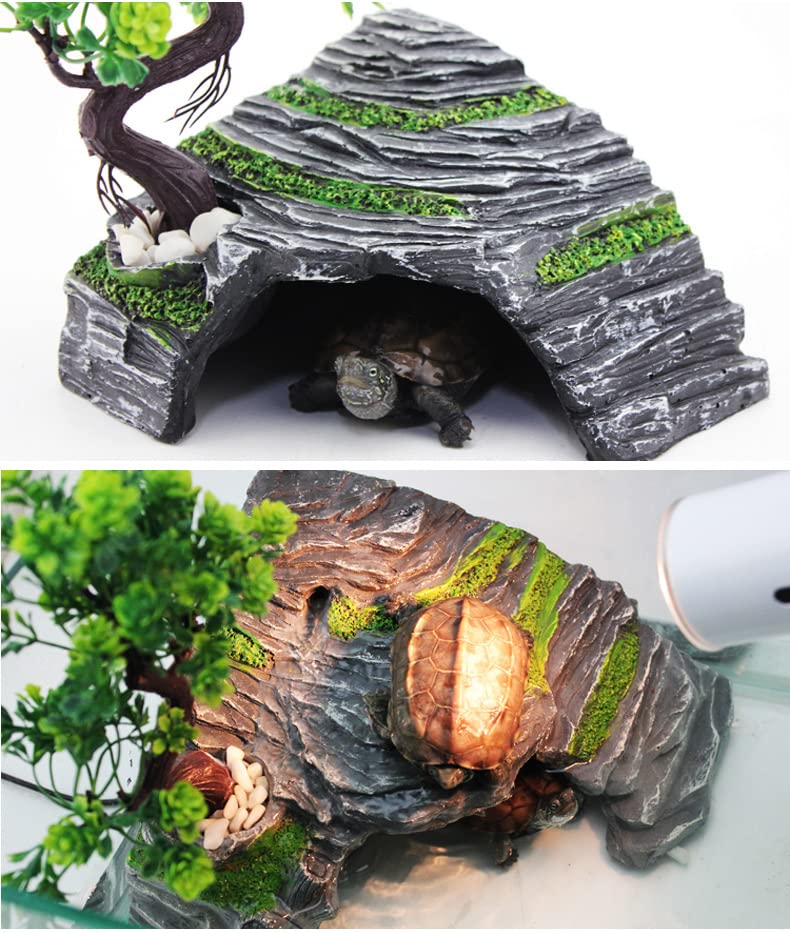 Reptile Simulation Rock Hide-Resin Amphibian Hideouts Cave Size 3.94'' x 1.77'' with Plastic Tree 7.87'',Habitat for Bearded Dragon Turtles Lizards Snakes Crab Gecko Leopard Spider Fish