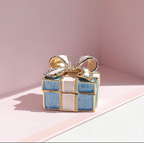 Mini Enamel Rhinestones Bow-knot Jewelry Box Bow-knot Hinged Trinket Box Bow Bling Trinket Box Miniature Figurine Ring Box for Women Girls Wedding Birthday Gift Christmas (Blue)