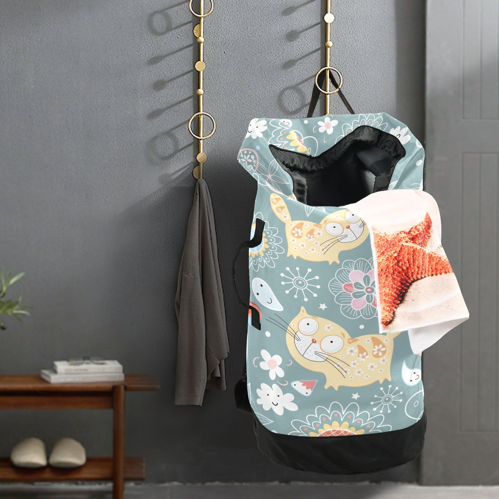 QwThum Laundry Bag Backpack,Travel Laundry Bags with Shoulder Straps Oxford Large Hanging Laundry Hamper Bag for College,Laundromat,Apartment Cute Cat