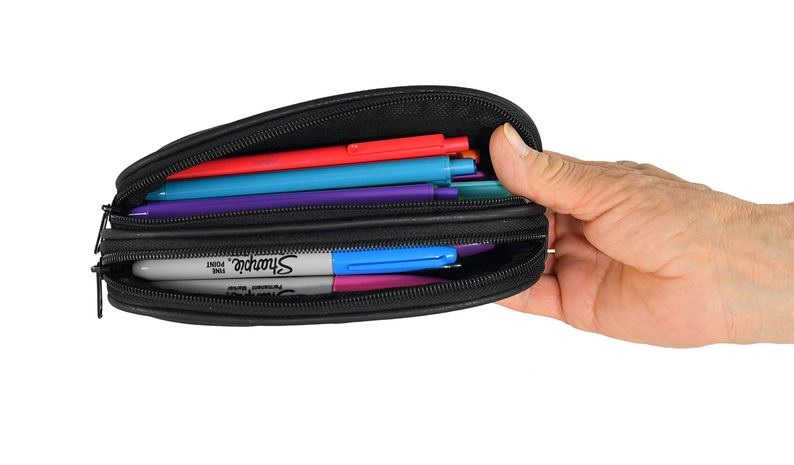 HOME-X Double Eyeglass Holder, Black Leather Pouch with 2 Compartments, Travel Bag, Toiletry Pack, Pencil Case