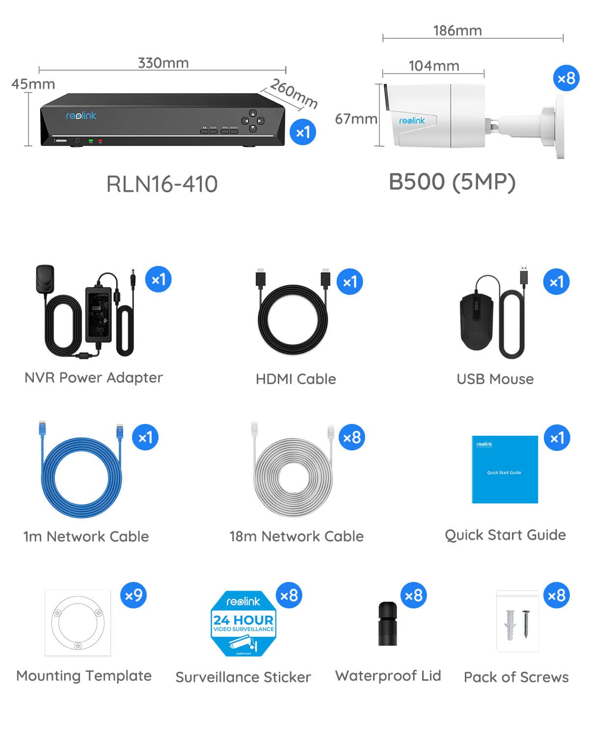 REOLINK 16CH 5MP Home Security Camera System, 8pcs Wired 5MP Outdoor PoE IP Cameras with Motion Detection, 16CH NVR with 3TB HDD for 24-7 Recording, RLK16-410B8-5MP (Renewed)