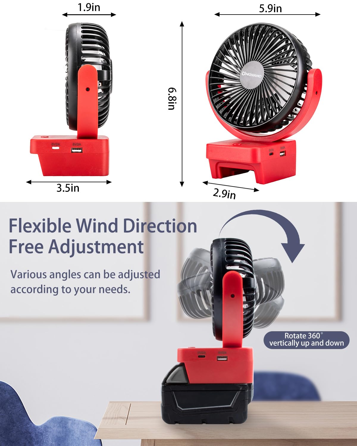 Uniqwamo Portable Rechargeable Fan Compatible For Milwaukee M18 18V 48-11-1850 48-11-1862 Lithium-Ion Battery, Jobsite Battery Operated Fan With 3 Speeds Control,USB +Type C(Battery not Included)