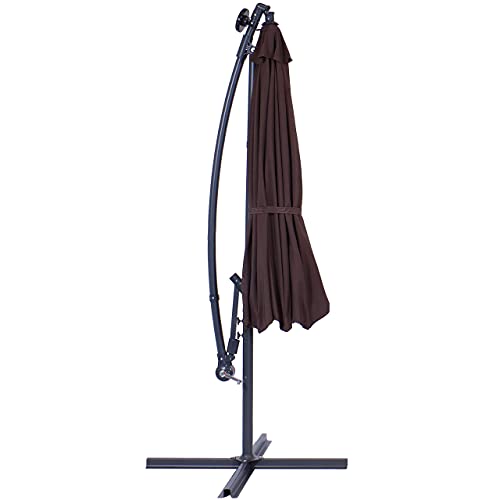 Sunnydaze 10-Foot Offset Cantilever Brown Solar Patio Umbrella with Outdoor LED Lights Crank and Cross Base and Set of 4 Black Heavy-Duty Cantilever Offset Patio Umbrella Base Plates Bundle