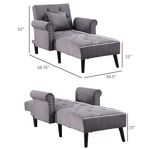HOMCOM 2-in-1 Chaise Lounge Indoor with Rolled Armrest, Nailhead Trim and Button Tufting, Adjustable Velvet Fabric Upholstered Sofa for Bedroom and Living Room, Red