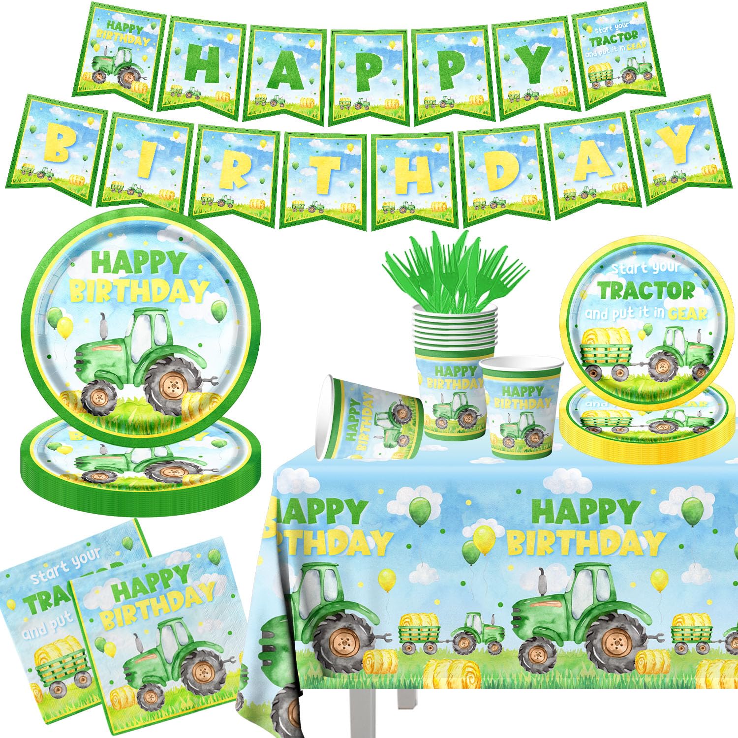 Tractor Birthday Decorations Tractor Birthday Plates, Napkins, Cups, Tablecloth, Banner for Kids Birthday Baby Shower Tractor Party Favors Supplies Serve 20