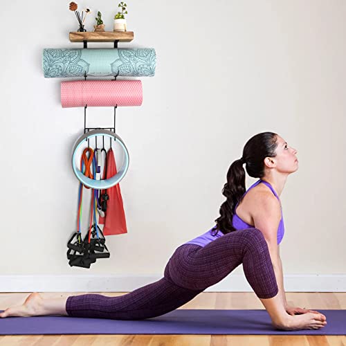 VINAEMO Yoga Mat Holder Accessories Wall Mount Organizer Storage Decor Foam Roller and Towel Storage Rack with 4 Hooks and Wooden Shelves Yoga Mats Rack Block Resistance Bands for Home Gym School
