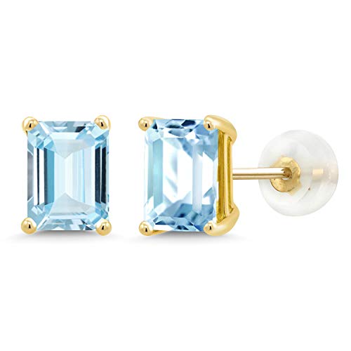 Gem Stone King 14K Yellow Gold Sky Blue Aquamarine Stud Earrings For Women (1.60 Cttw, Gemstone March Birthstone, Emerald Cut 7X5MM)