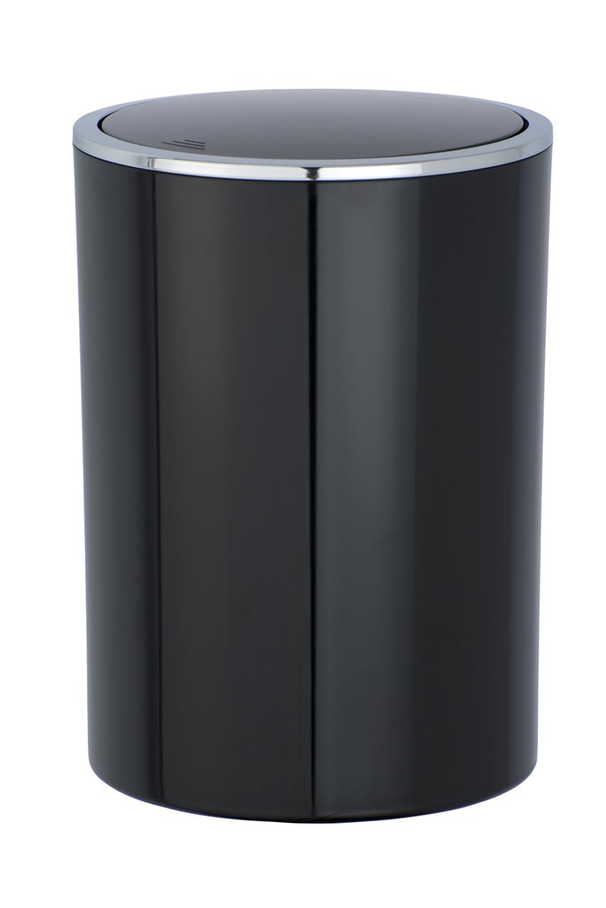 WENKO Inca Trash Can with Lid, Waste Bin with Swing Lid, Small Trash Can, Mini Trash Can, Small Garbage Can, Small Waste Basket, 1.3 Gal, Ø 7.28 x 10.04 in, Black