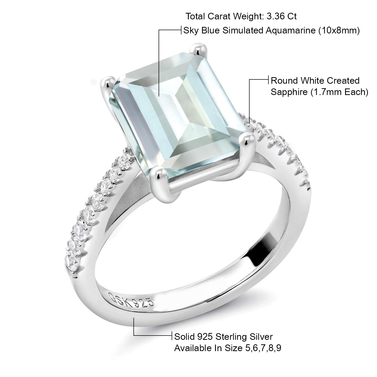 Gem Stone King 925 Sterling Silver Sky Blue Simulated Aquamarine and White Created Sapphire Women Engagement Ring (3.36 Cttw) (Size 7)