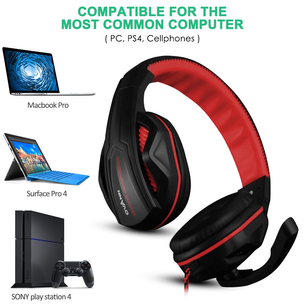Gaming Headset,DLAND 3.5mm Wired Bass Stereo Noise Isolation Gaming Headphones with Mic for Laptop Computer, Cellphone, PS4 and so on- Volume Control (Black and Red)