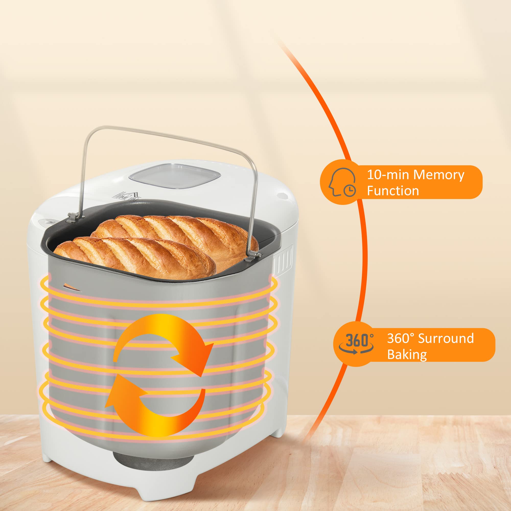 HOMCOM 2Lb Bread Maker, Non-Stick Bread Machine with Gluten Free Setting, 11 Menu, 2 Loaf Sizes, 3 Crust Colors, 13h Delay Timer, 1h Warming Function, 500W