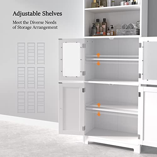 VINGLI 64" Tall Storage Cabinet Bathroom Linen Closet Storage Tower White Organizer Home Decor with 2 Open Shelves 2 Cabinets Glass Doors for Kitchen Living Room Bedroom Laundry Room Entryway Office