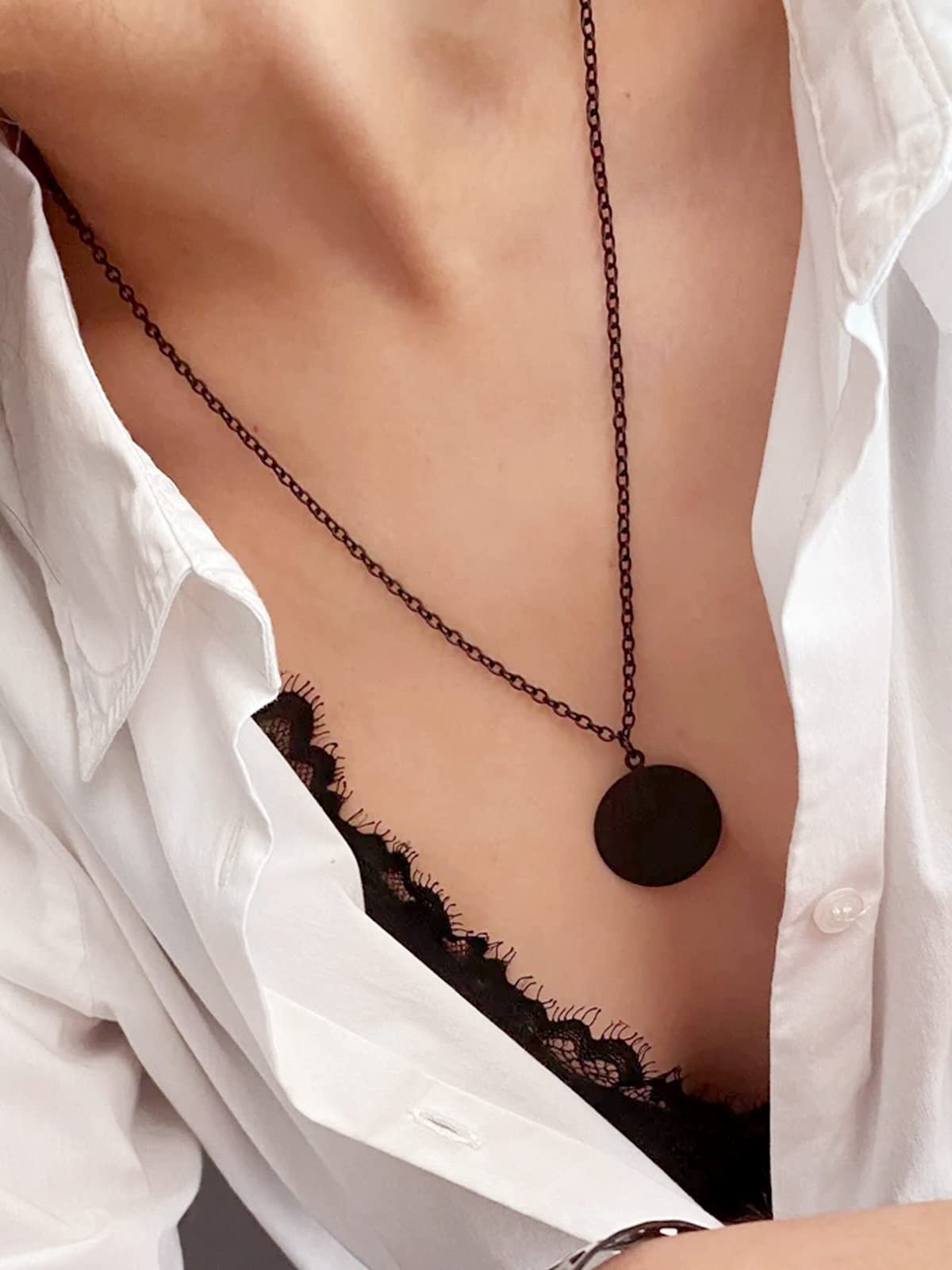 FOCALOOK Black Necklace Chain for Women 2mm 18 Inch Stainless Steel Rolo Cable Chain