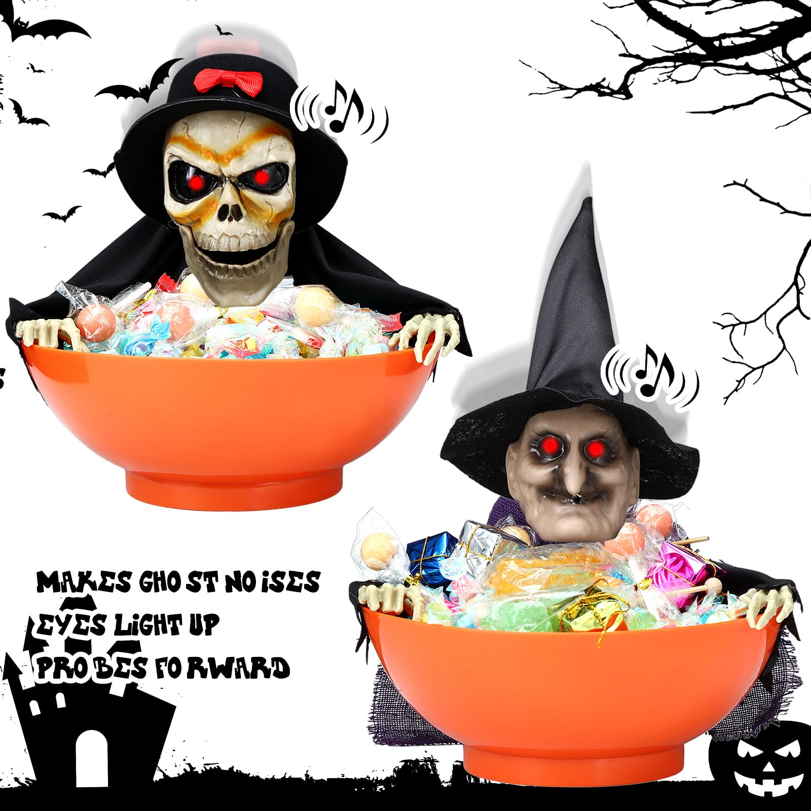 Sliner 2 Pack Halloween Candy Bowl Witch Candy Bowl & Skull Candy Bowl w/ LED Eyes & Creepy Sound (Sound Activated) Trick or Treat, Candy Holder Halloween Party & Easter Decorations (BIO-Sliner-80)