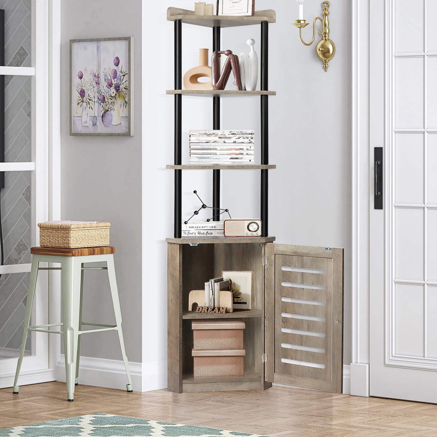 Timberer 6-Tier Corner Shelf with Storage, Corner Bookshelf, 74.2" Tall Corner Stand Display Storage Rack for Living Room, Home Office, Kitchen, Bar, Small Space, Greige and Black