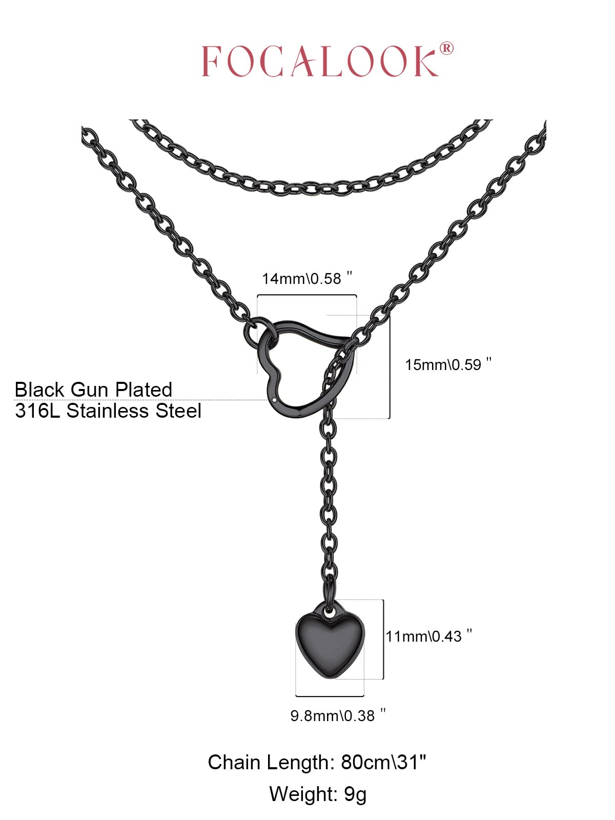 FOCALOOK Black Long Necklaces for Women Trendy Drop Heart Pendant Lariat Long Chain Elegant Y-Necklaces