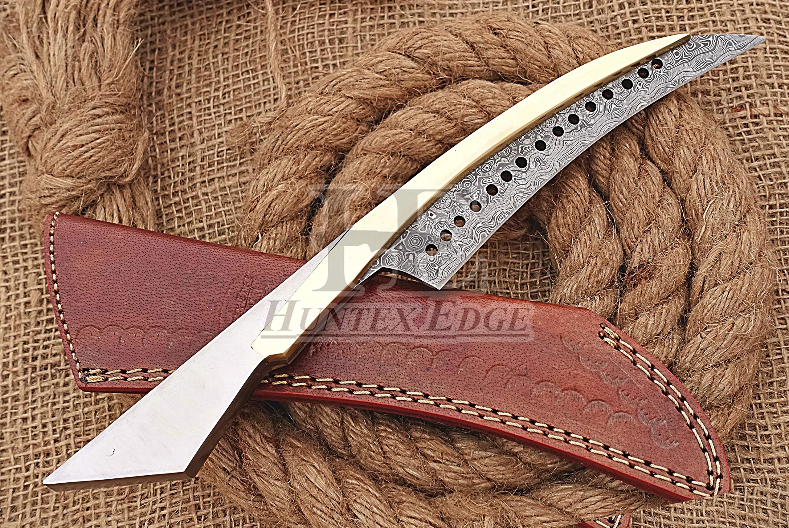HUNTEX Custom Handmade Hand-Forged Rain Drop Pattern Damascus Steel 11 Inch Long Full Tang Steel-Brass Handle Razor Sharp Hunting Camping Hawkbill Knife w/Genuine Leather Pouch