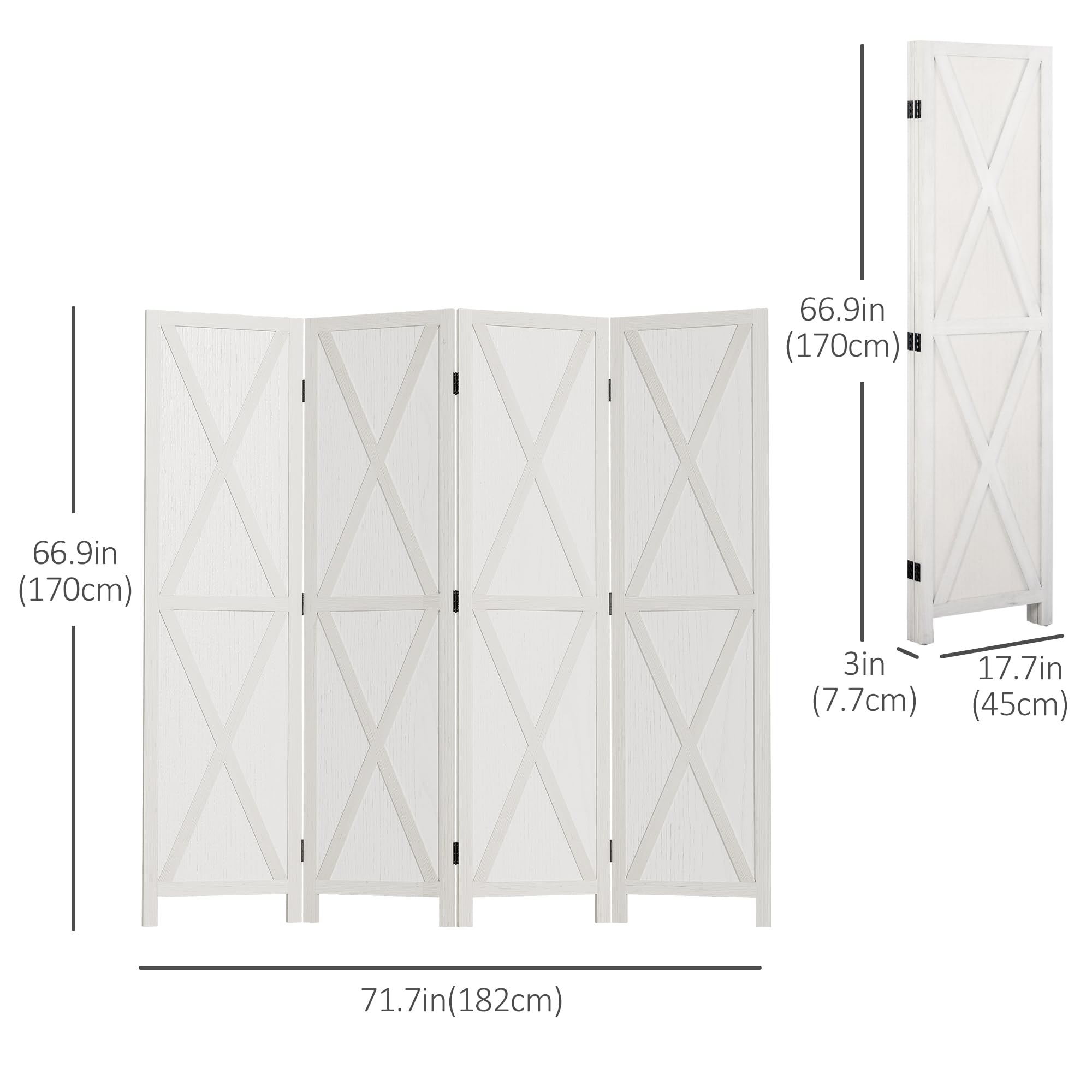 HOMCOM 4-Panel Folding Room Divider, 5.6 Ft Tall Freestanding Paulownia Wood Privacy Screen Panels for Indoor Bedroom Office, White