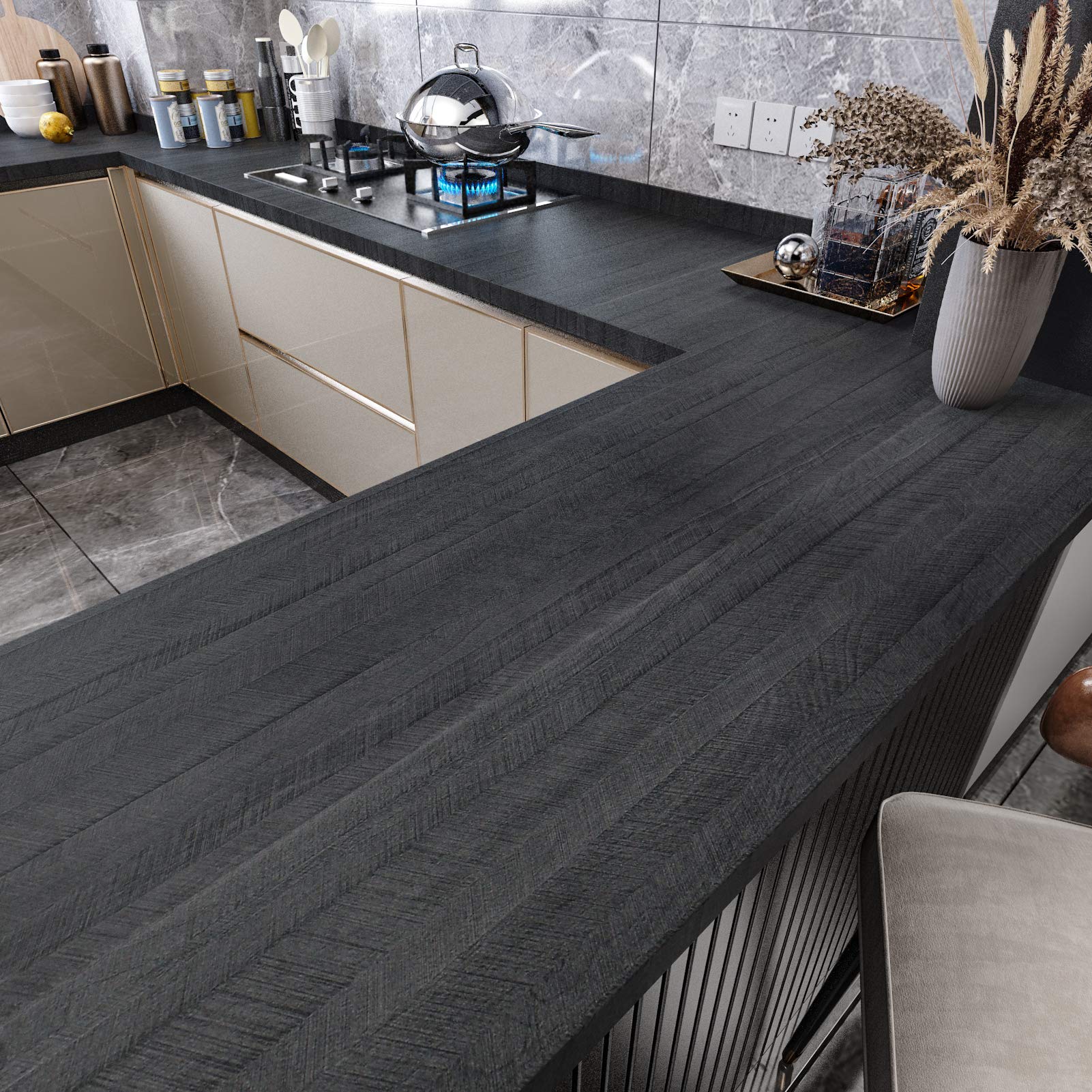 WESTICK Peel and Stick Countertops Contact Paper Black Wallpaper Peel and Stick Wood Contact Paper for Countertops Waterproof Kitchen Vinyl Counter Top Cabinet Covering Black Contact Paper 15.8"x78"