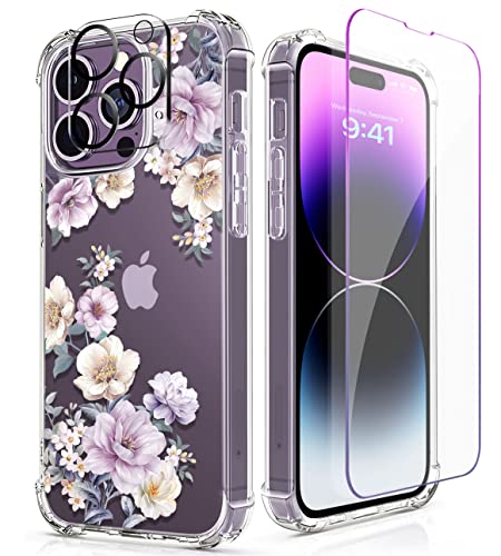 ROSEPARROT Designed for iPhone 14 pro max Case with Tempered Glass Screen Protector + Camera Lens Protector, Clear with Floral Pattern Design, Shockproof Protective Cover (Anemone Blooms)