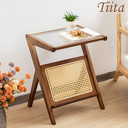 Tiita Rattan Nightstand Side Table, Bamboo Accent Bedside Tables, Glass Coffee Tables, Boho Wooden End Table with Storage for Small Space, Living Room and Bedroom