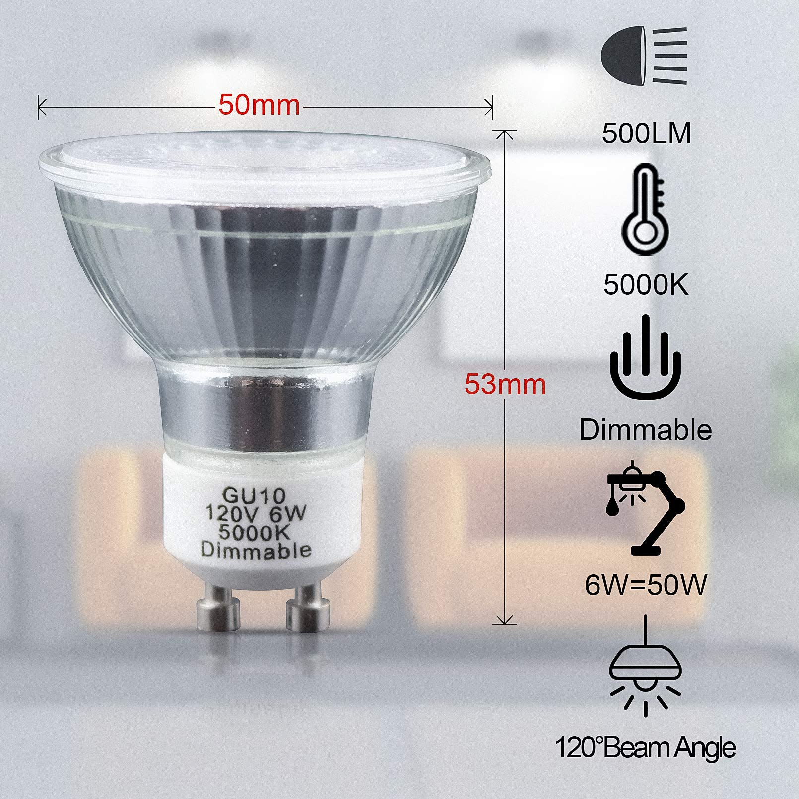 HFCDL GU10 LED Bulbs Dimmable 5000K Daylight White, 50W Halogen Lamps Equivalent, 6W 500 Lumens 120 Degree Beam Angle, MR16 Glass Cover for Recessed Track Lighting, Spot Light, 10-Pack