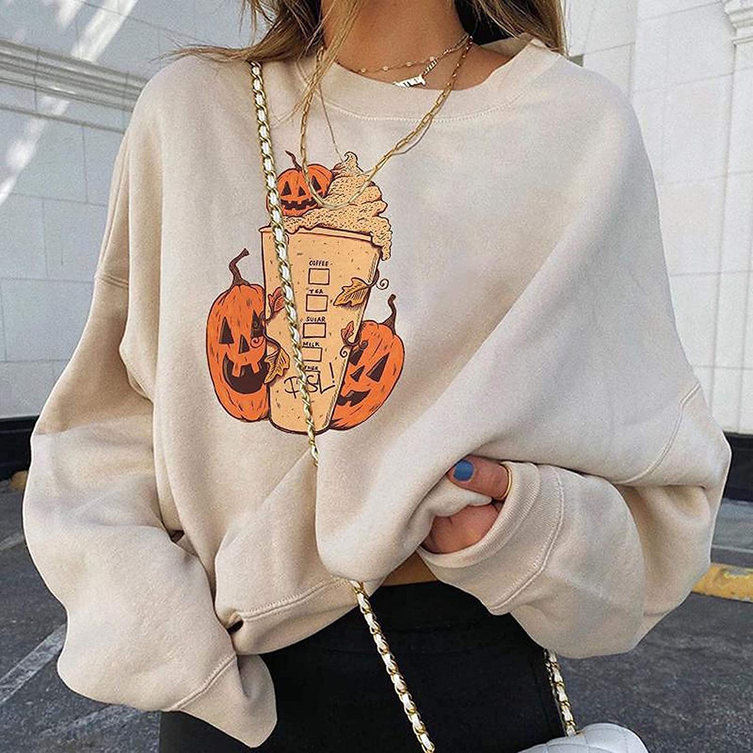 Guccou Halloween Graphic Sweatshirts for Women Pumpkin Skull Printed Sweater Long Sleeve Pullover Tops Lightweight Sweatshirt (White - Pumpkin Icecream, Large), Z White - Pumpkin Icecream