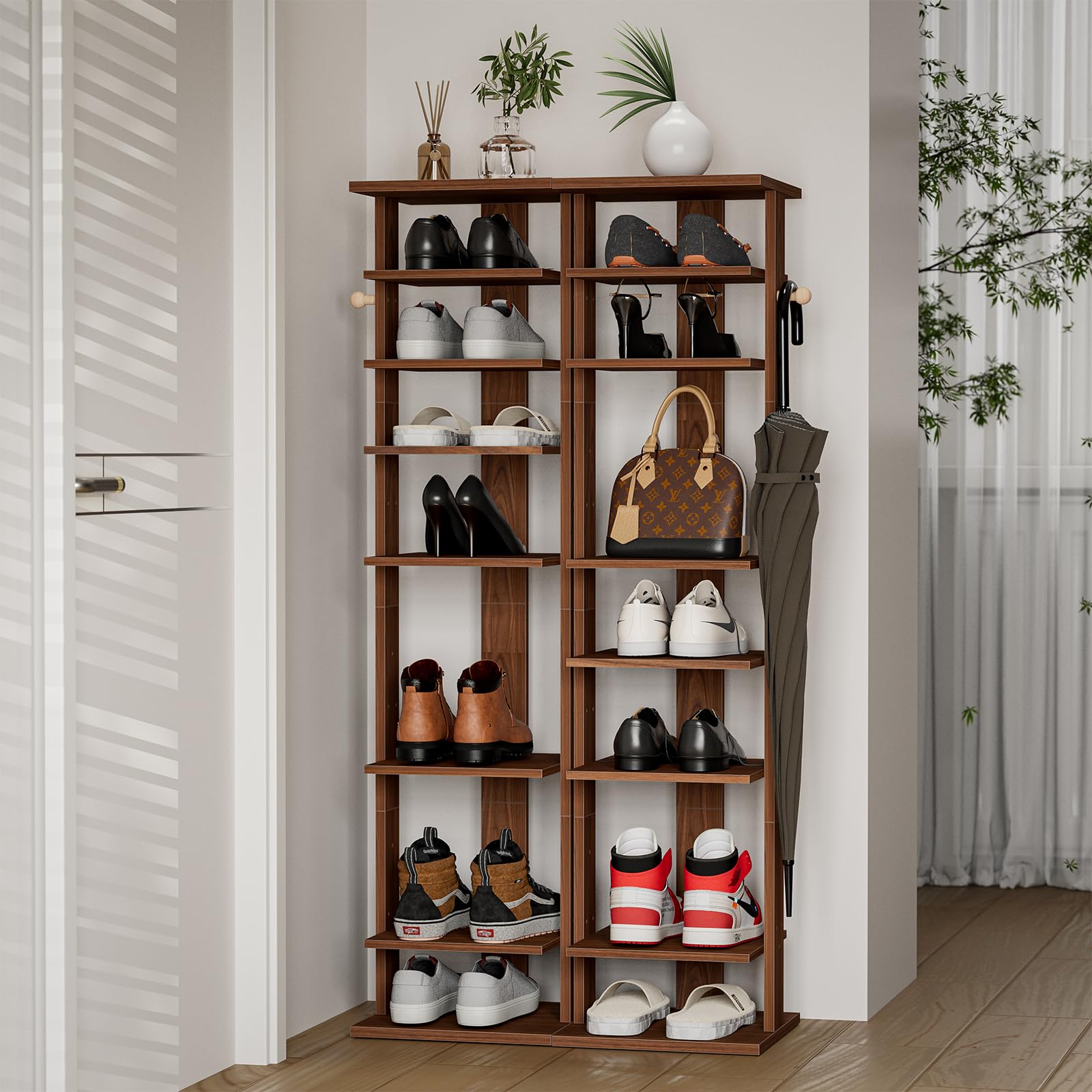 XBurmo Vertical Shoe Rack,9 Tier Shoe Storage Organizer with Hooks,Tall Shoe Tower,Slim Standing Shoe Shelf,Wooden Cubby Shoe Storage for Entryway/Small Spaces/Closet/Corner(walnut)