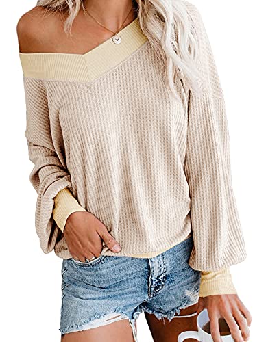 Women's Casual V Neck Long Sleeve Waffle Knit Off Shoulder Top Loose Pullover Sweater Apricot Medium