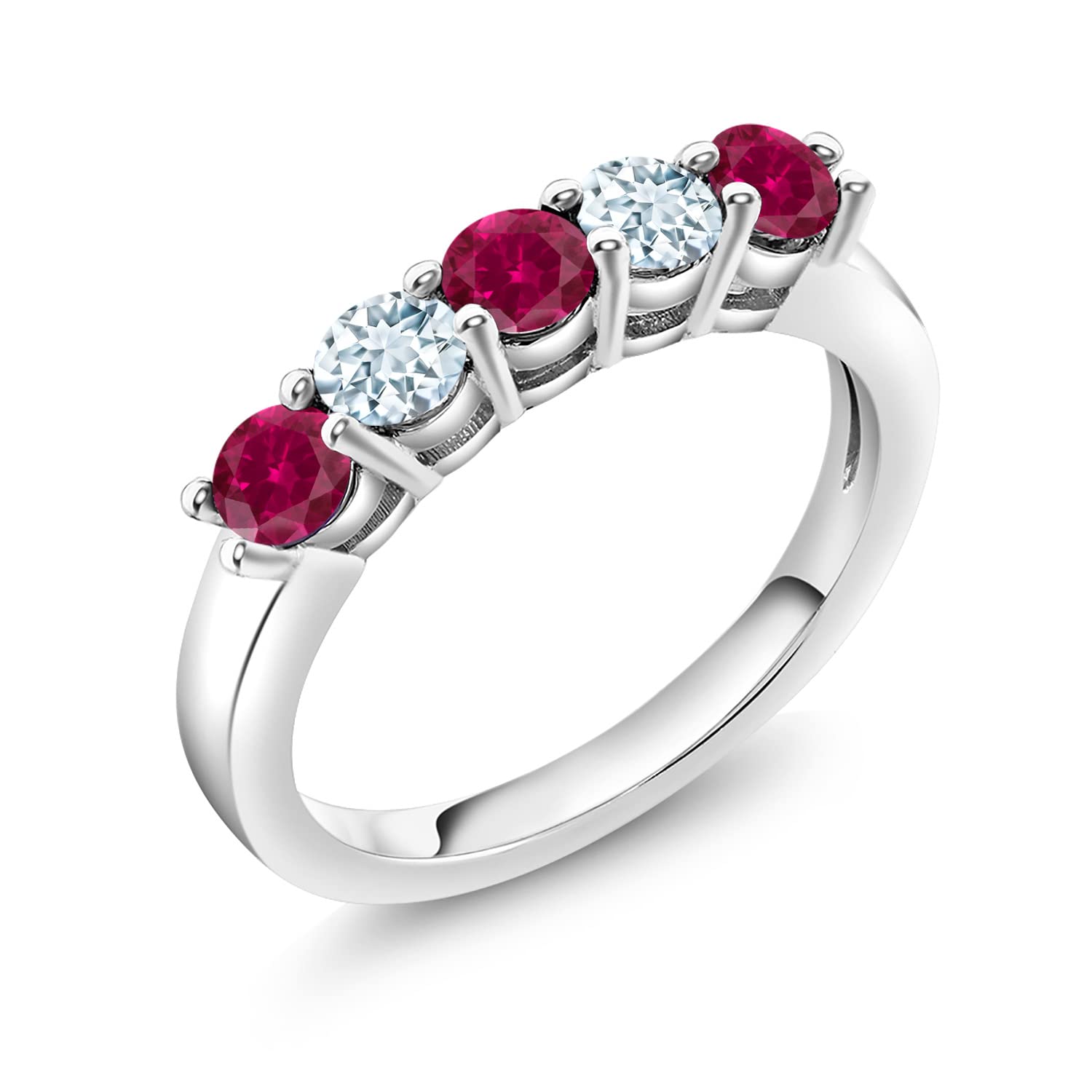Gem Stone King 925 Sterling Silver Red Created Ruby and Sky Blue Aquamarine 5-Stone Wedding Anniversary Band Ring For Women (1.09 Cttw, Gemstone July Birthstone, Available In Size 5, 6, 7, 8, 9)