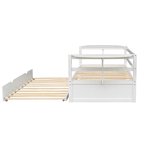 Polibi Twin Size Daybed with Trundle and Foldable Shelves on Both Sides, Wooden Sofa Bed with Wood Frame and Slats, No Spring Box Needed