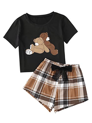 SweatyRocks Women's 2 Piece Pajama Set Graphic Short Sleeve Tee Shirt and Cute Plaid Shorts Black Brown Large