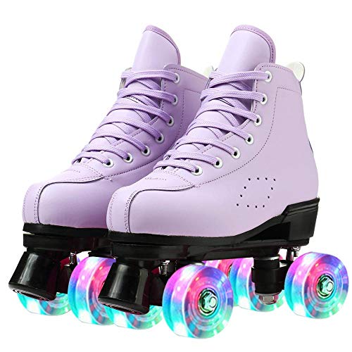 Women's Roller Skates Light Up Wheels, Adjustable Double Row Roller Skates Outdoor Shiny Derby Skates Illuminating for Teens and Youth (Purple flash,6.5)