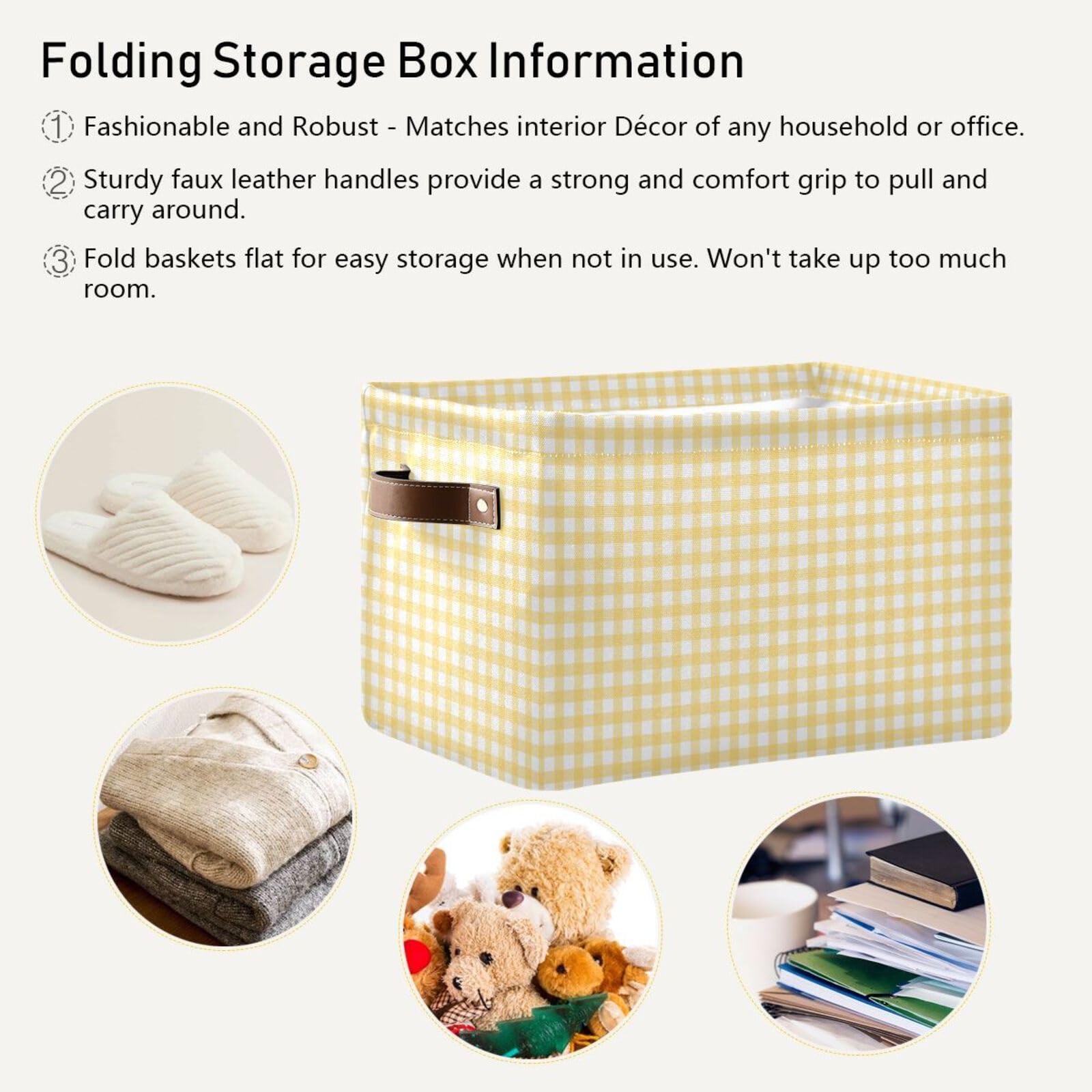 Storage Bin 2PCS Yellow Gingham Fabric Storage Baskets for Organizing Closet Shelf Nursery Toy Clothes Organizer with Handles