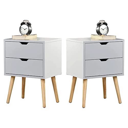 sweetgo End Side Table Nightstand with Storage Drawer -Fashion Modern Assemble Storage Cabinet Bedroom Bedside -Solid Wood Legs Living Room Bedroom Furniture-Double Drawer Nightstand-Set of 2 (White)