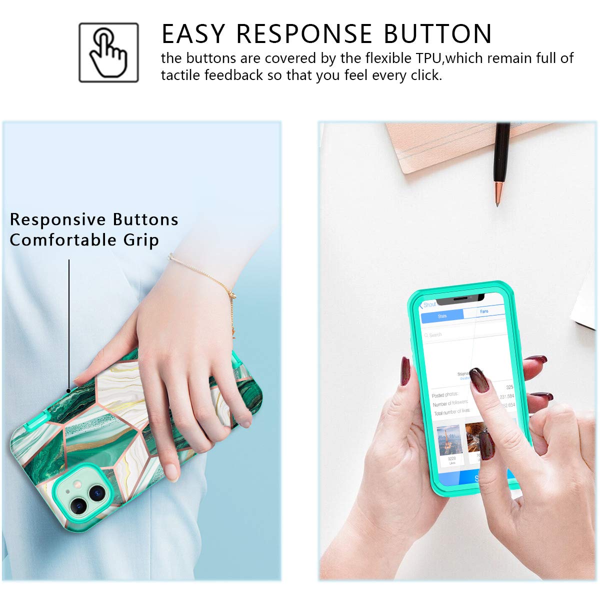 Hekodonk for iPhone 11 Case Built in Screen Protector Heavy Duty High Impact Hard PC TPU Bumper Full Body Protective Shockproof Anti-Scratch Cover for Apple iPhone 11-Marble Mint