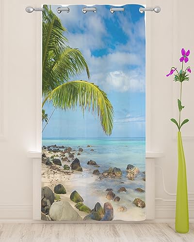 Sheer Curtains 1 Panel,Palm Tree Beach Sea Cloud Blue Sky Island Reef Stone Chiffon Window Treatment Grommet Semi Transparent Drapery for Kitchen Bedroom Decorations,52x96 Inch