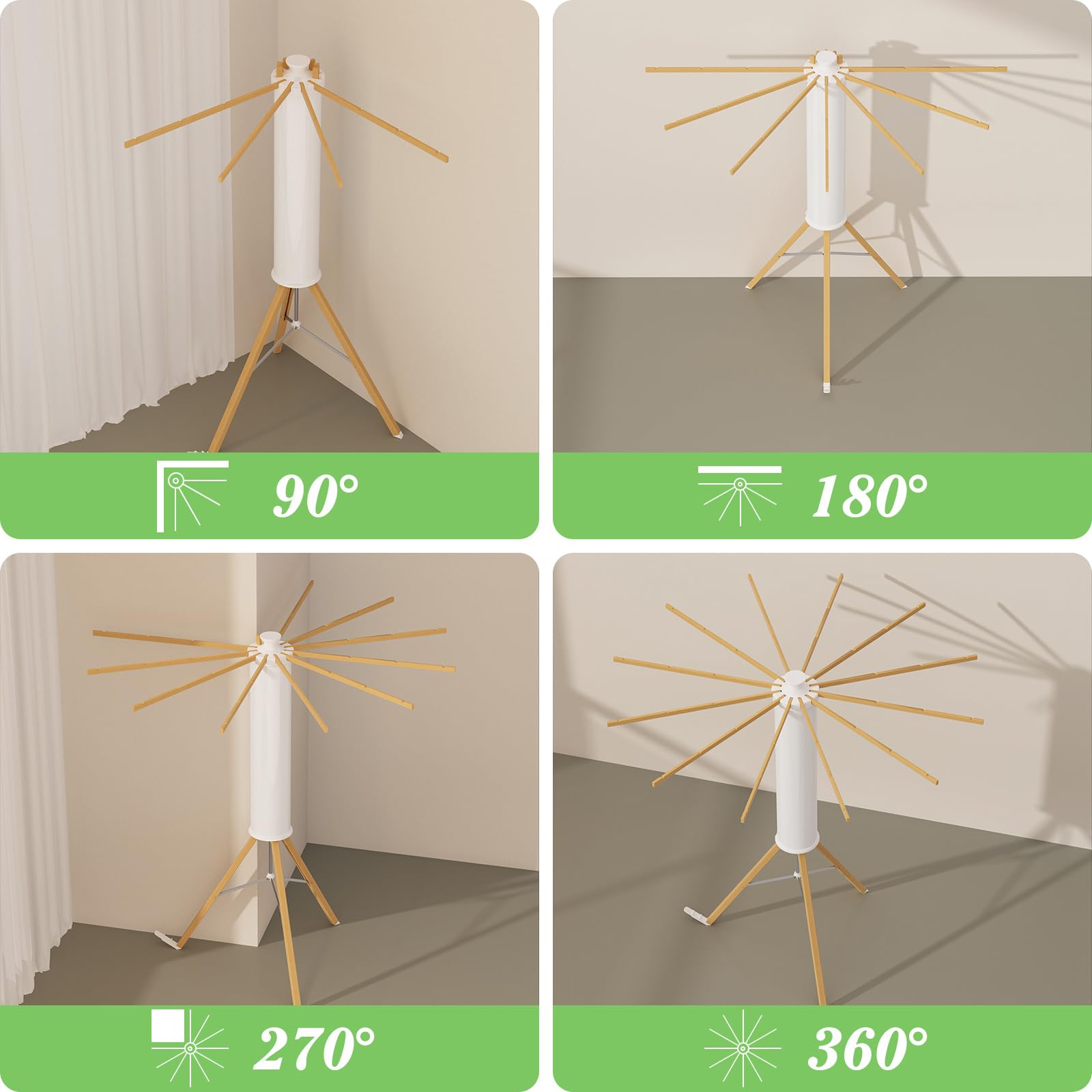 Tripod Drying Rack Portable, Foldable Drying Rack Clothing with 12 Wood Drying Arms, Standing Laundry Hanger Rack Round Collapsible & Portable Handle for Laundry Room, Balcony, Bedroom, RV